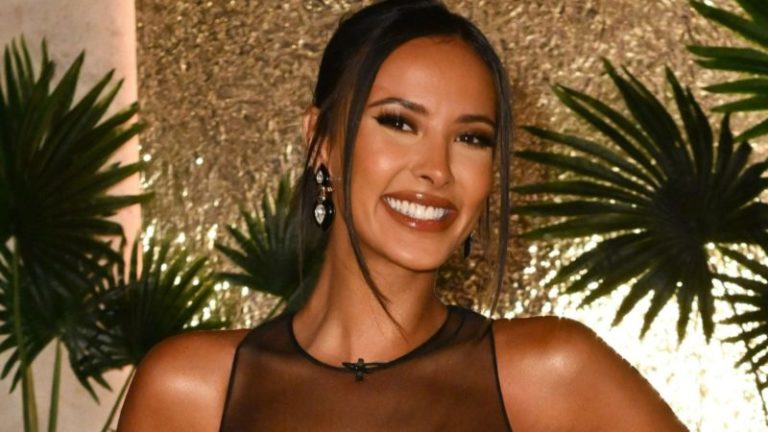 Maya Jama shows off her stunning curves in a figure-hugging gold dress